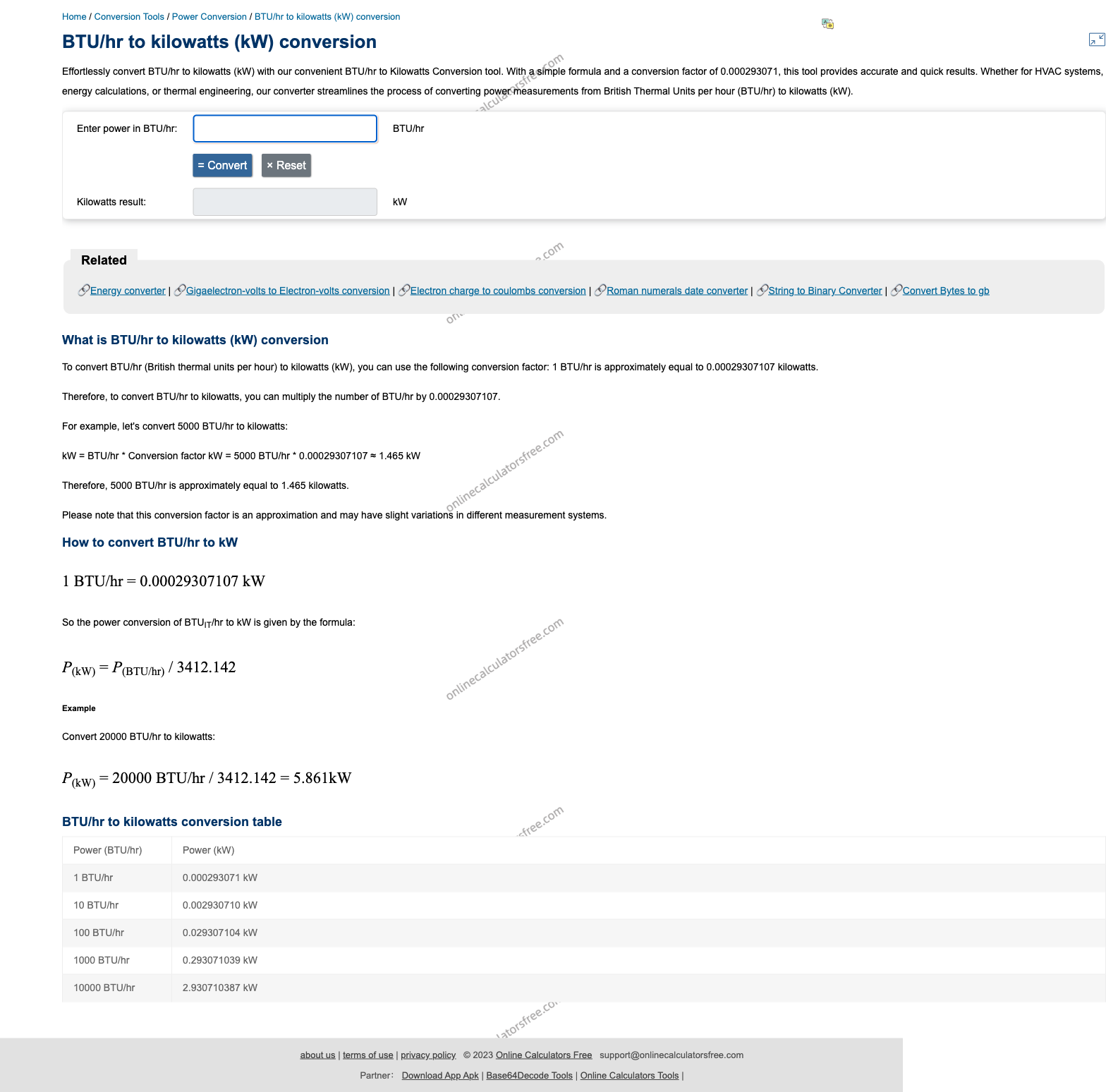 BTU hr To KW Conversion Calculator CalculatorFree