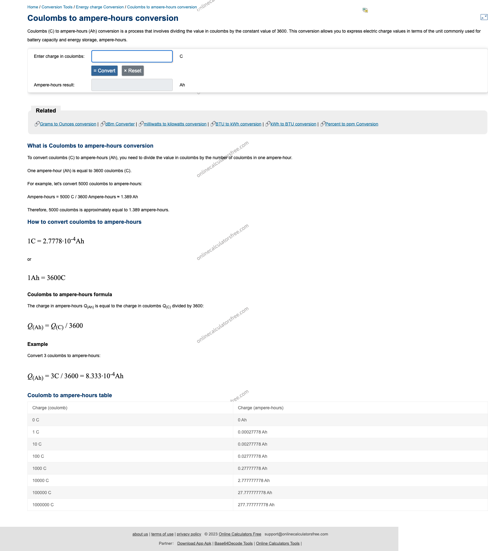 Coulombs to Ampere-Hours Converter | C to Ah Tool - CalculatorFree