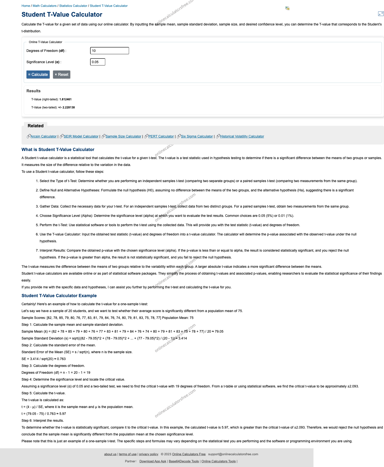 Calculadora de Valor T para Estudiantes Online - CalculatorFree